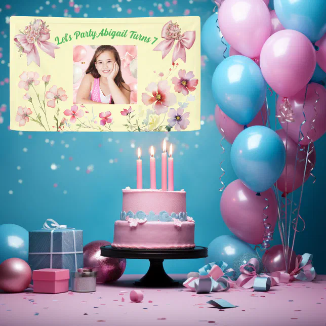 Cute Pink Floral Bow Girly Photo Birthday Banner | Zazzle