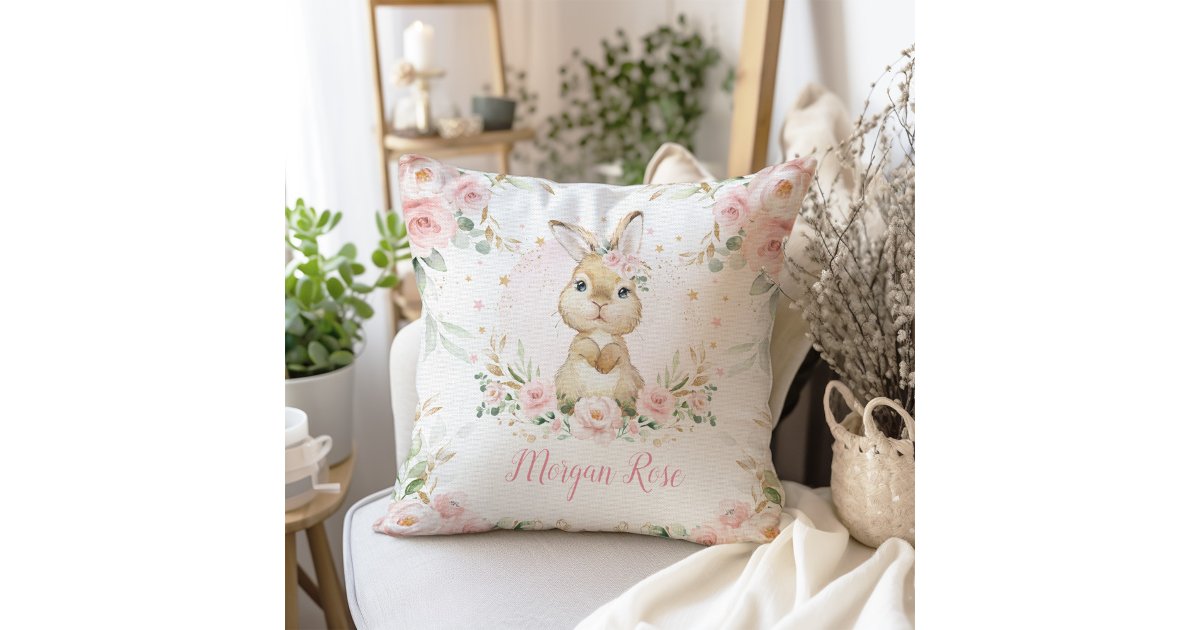 Cute Pink Floral Bunny Rabbit Baby Girl Nursery Throw Pillow | Zazzle