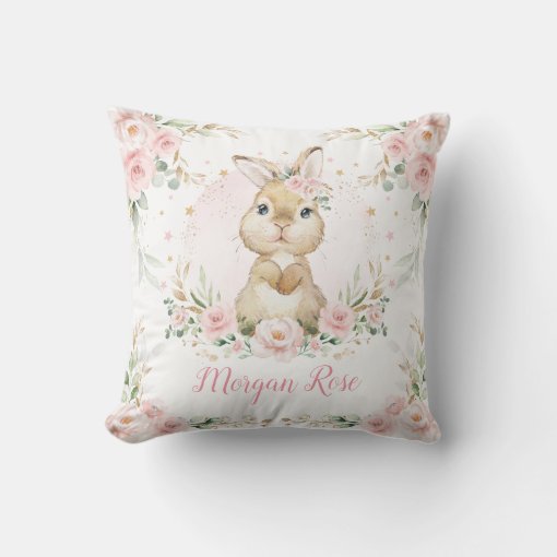 Cute Pink Floral Bunny Rabbit Baby Girl Nursery Throw Pillow | Zazzle