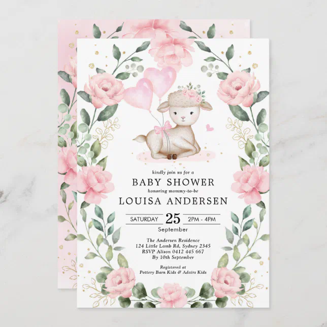 Cute Pink Floral Lamb Balloons Girl Baby Shower Invitation | Zazzle