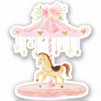 Cute Pink Floral Pony Carousel Sticker | Zazzle