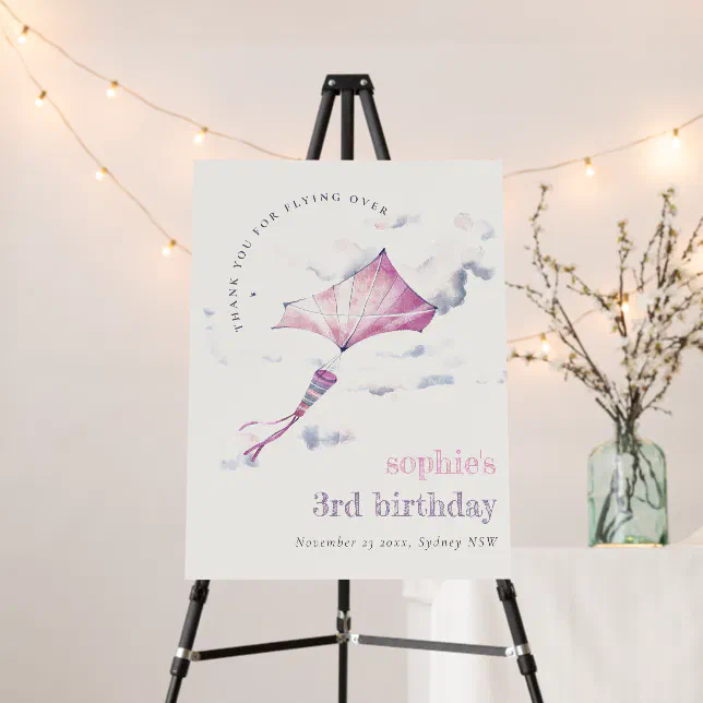 Cute Pink Flying Kite Sky Clouds Birthday Welcome Foam Board | Zazzle