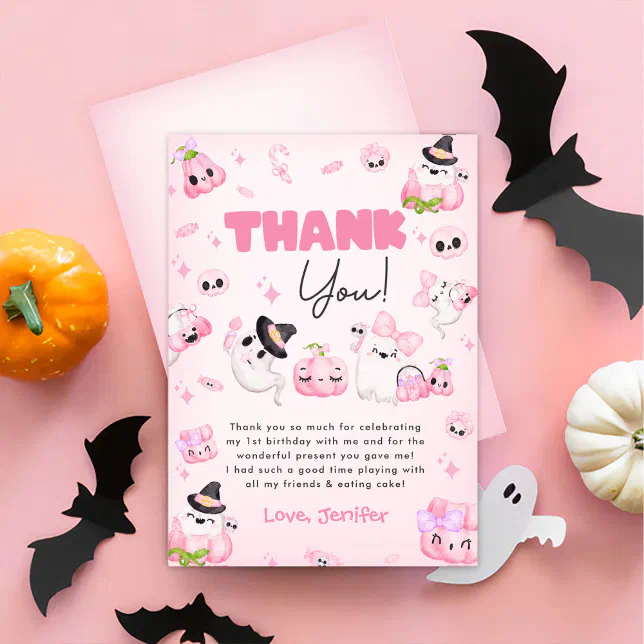 Cute Pink Ghost Halloween Birthday Thank You Card | Zazzle