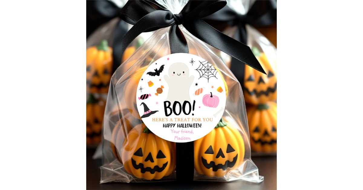 Cute Pink Ghost Pumpkin Halloween Treat Bag Classic Round Sticker | Zazzle