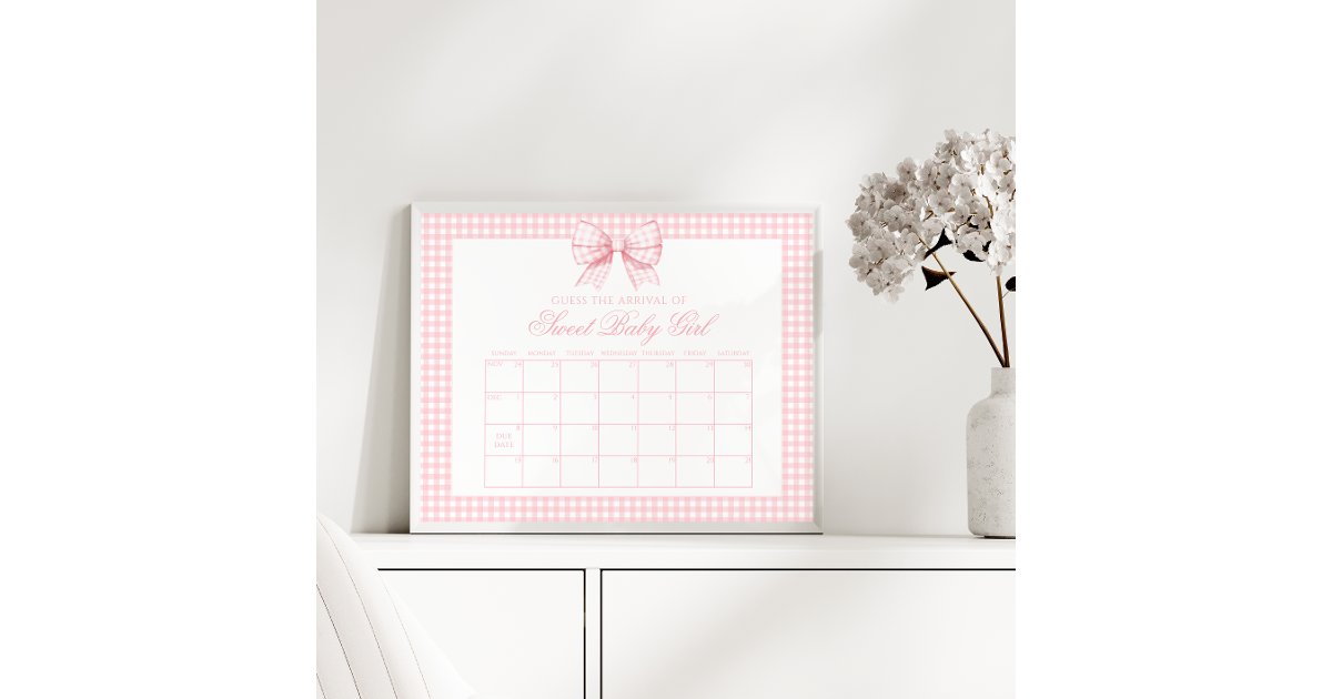 Cute Pink Gingham Bow Baby Due Date Callendar Poster | Zazzle