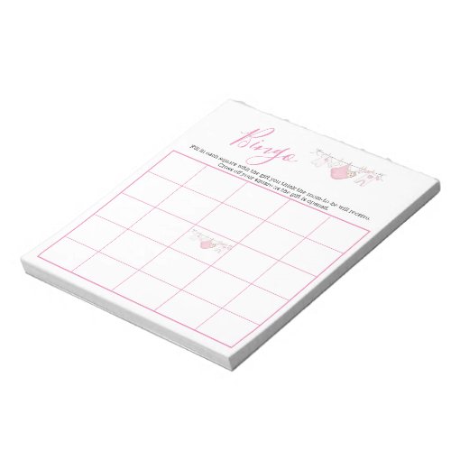 Cute Pink Girl Clothesline Baby Shower Bingo Game Notepad | Zazzle
