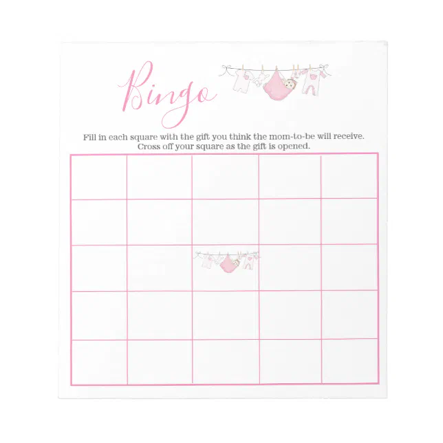 Cute Pink Girl Clothesline Baby Shower Bingo Game Notepad | Zazzle