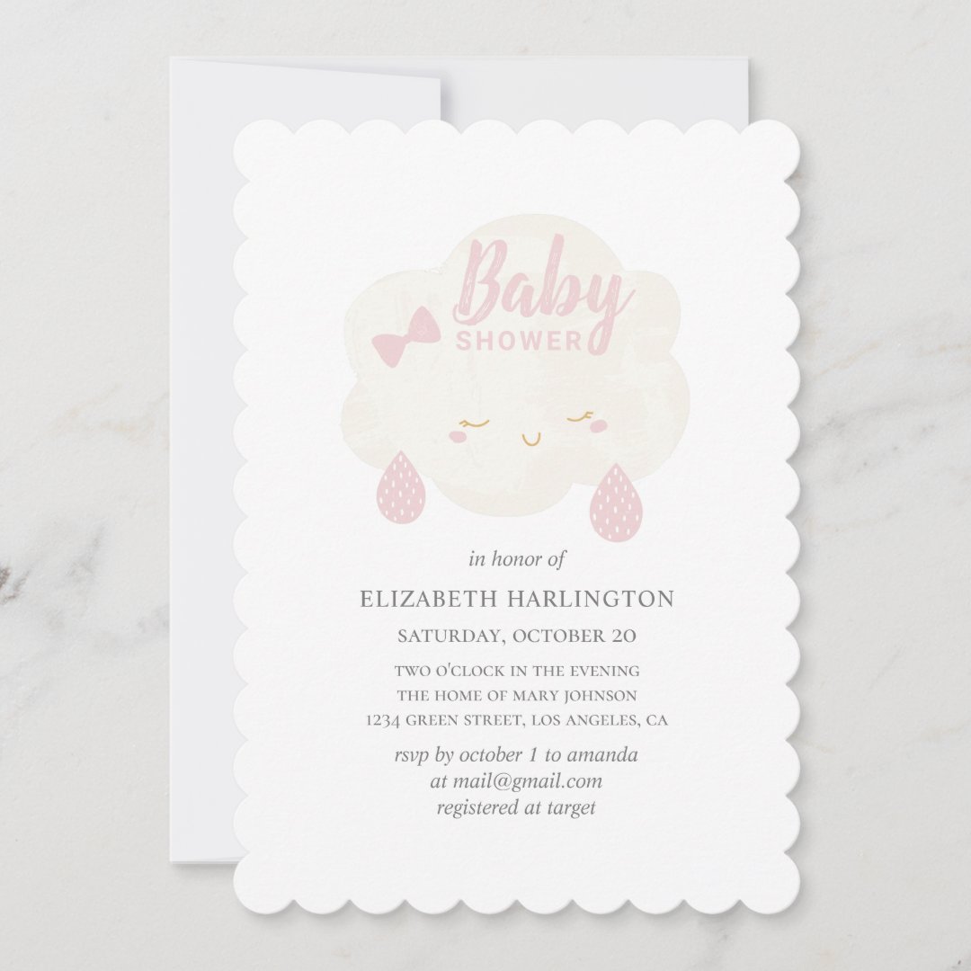Cute pink girl cloud. Funny blush baby shower rain Invitation | Zazzle