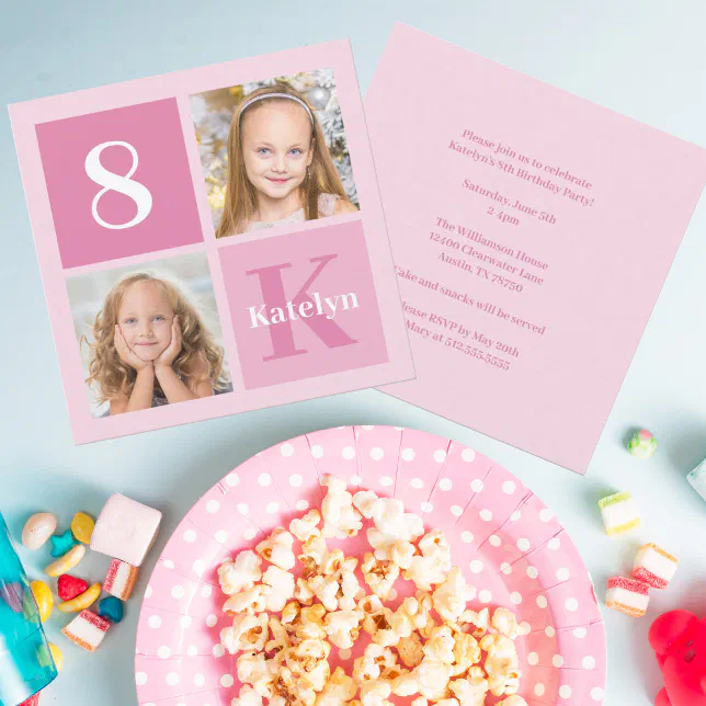 Cute Pink Girl Photo Collage Custom Birthday Party Invitation | Zazzle