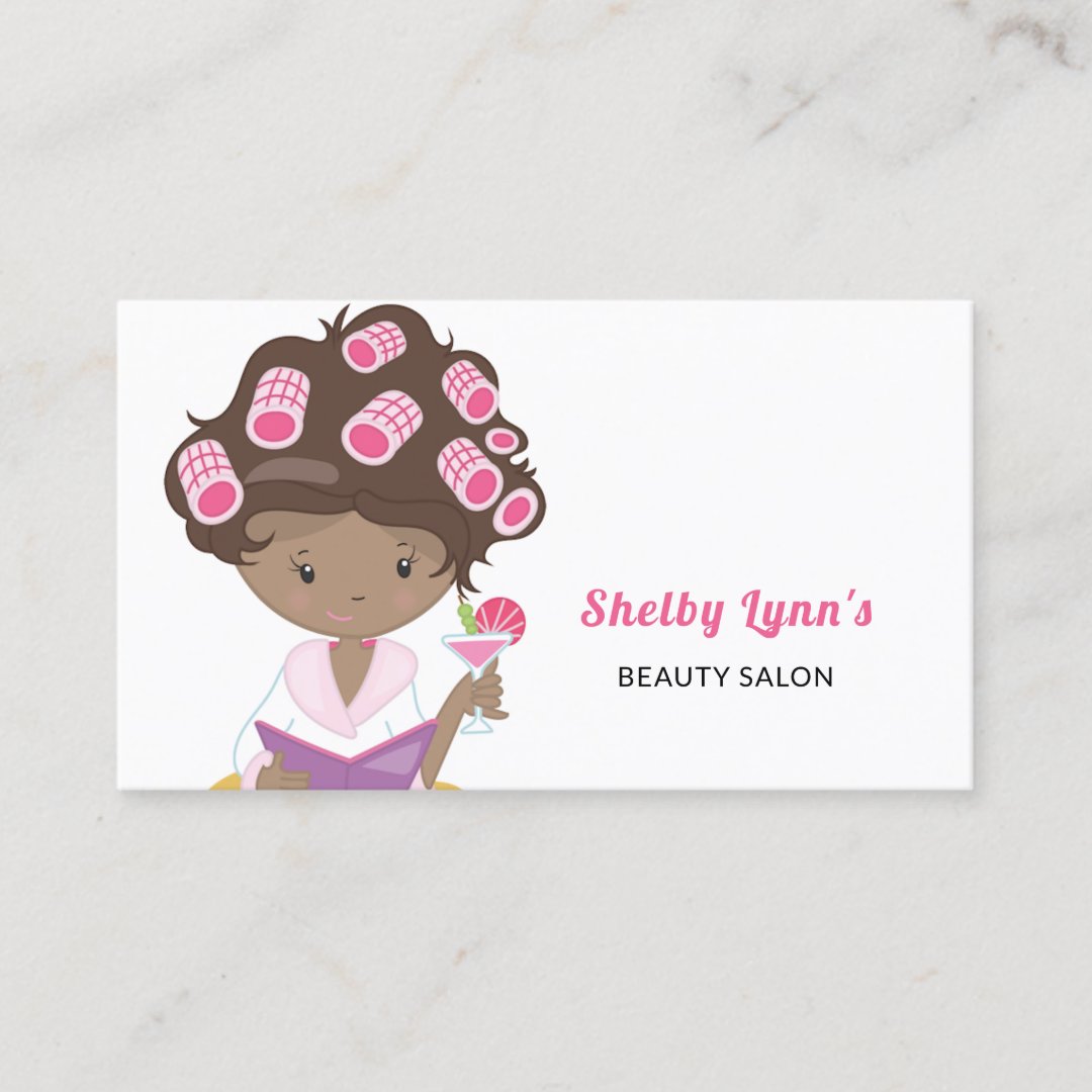 Cute Pink Girl With Curlers Hair and Beauty Salon Business Card | Zazzle