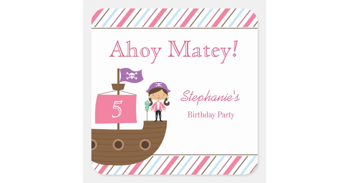 Cute pink girl's pirate birthday party stickers | Zazzle