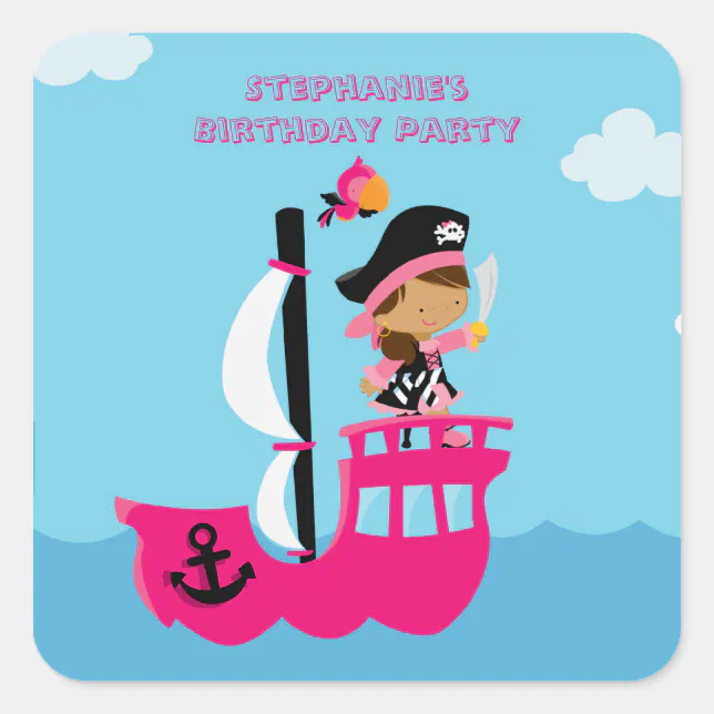 Cute pink girl's pirate birthday party stickers | Zazzle