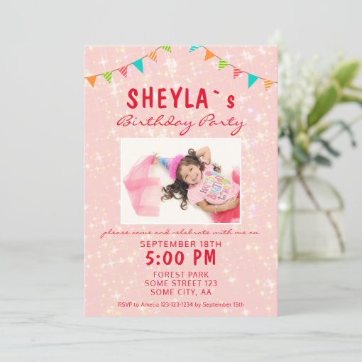 Cute Pink Glitter Girly Birthday Party Photo Invitation | Zazzle