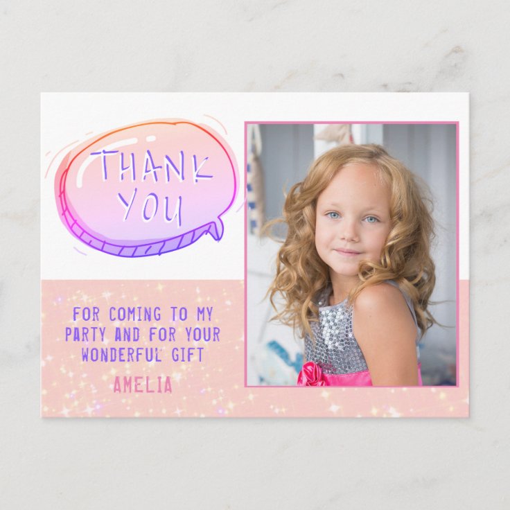 Cute Pink Glitter Girly Birthday Thank you Photo Postcard | Zazzle