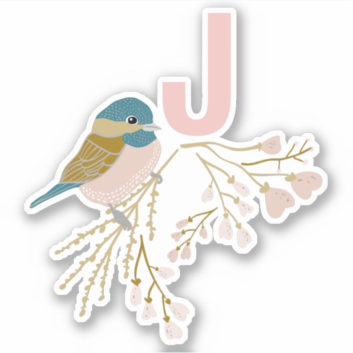 Cute Pink Gold Chickadee Floral Print And Initial Sticker | Zazzle.com
