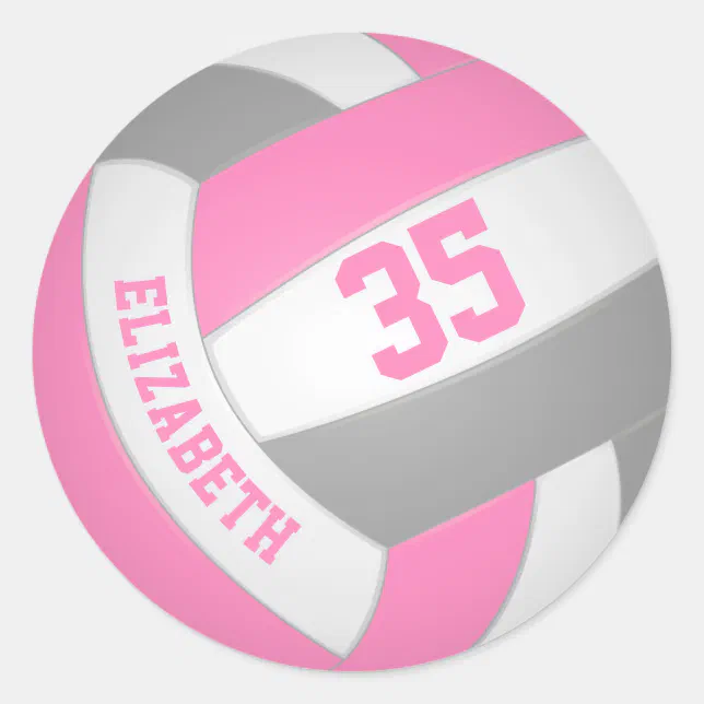 cute pink gray personalized volleyball classic round sticker | Zazzle