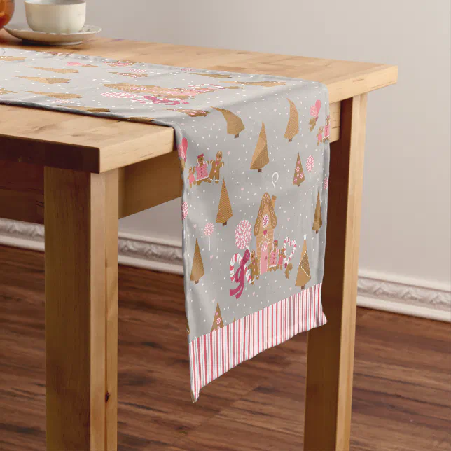 Cute Pink Grey Gingerbread Candy Table Runner | Zazzle