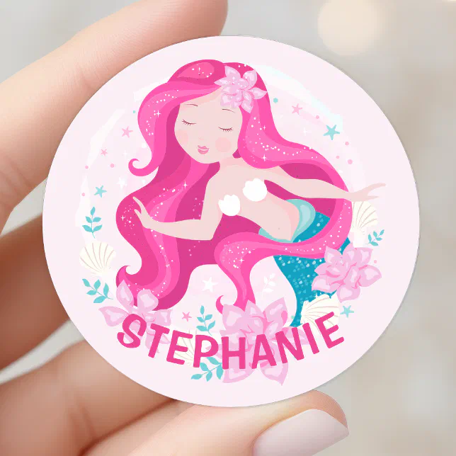 Cute Pink Hair Mermaid Girls Fantasy Personalized Classic Round Sticker ...