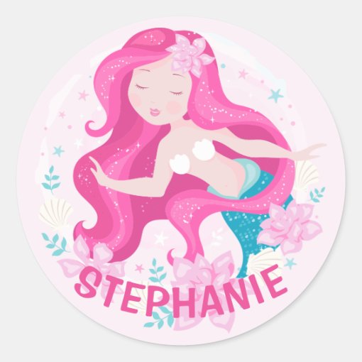 Cute Pink Hair Mermaid Girls Fantasy Personalized Classic Round Sticker ...