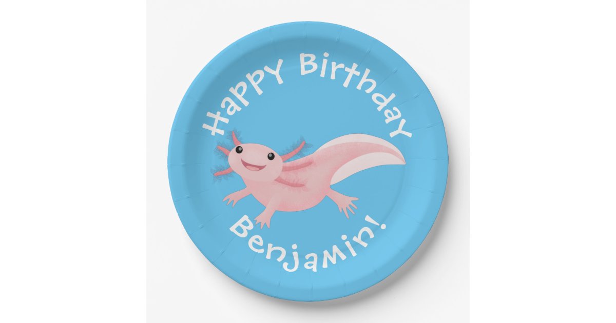 Cute pink happy axolotl personalised birthday paper plates | Zazzle