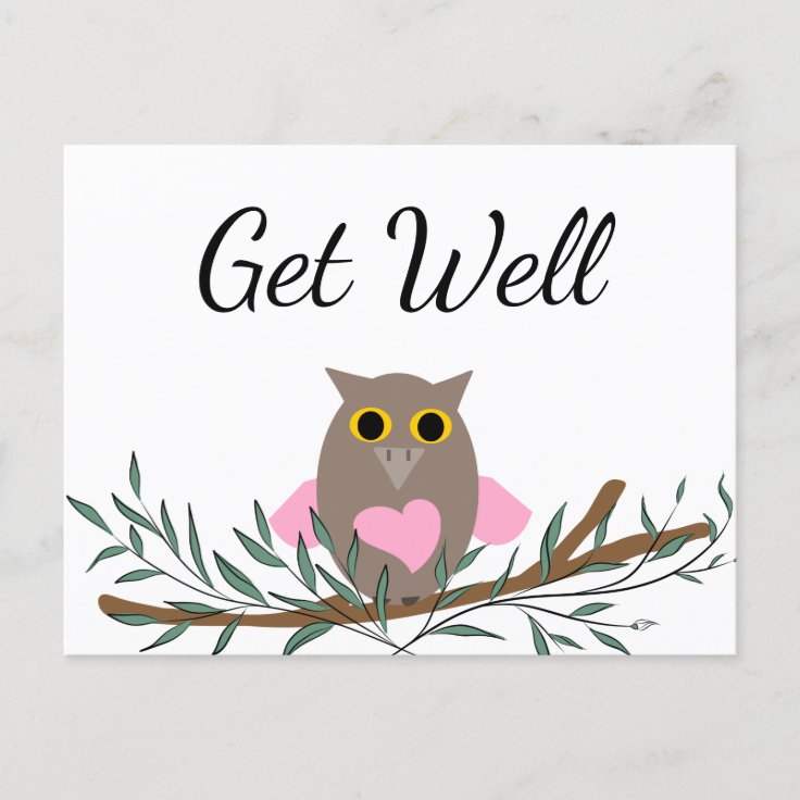 Cute Pink Heart Owl Branch Get Well Script Postcard | Zazzle