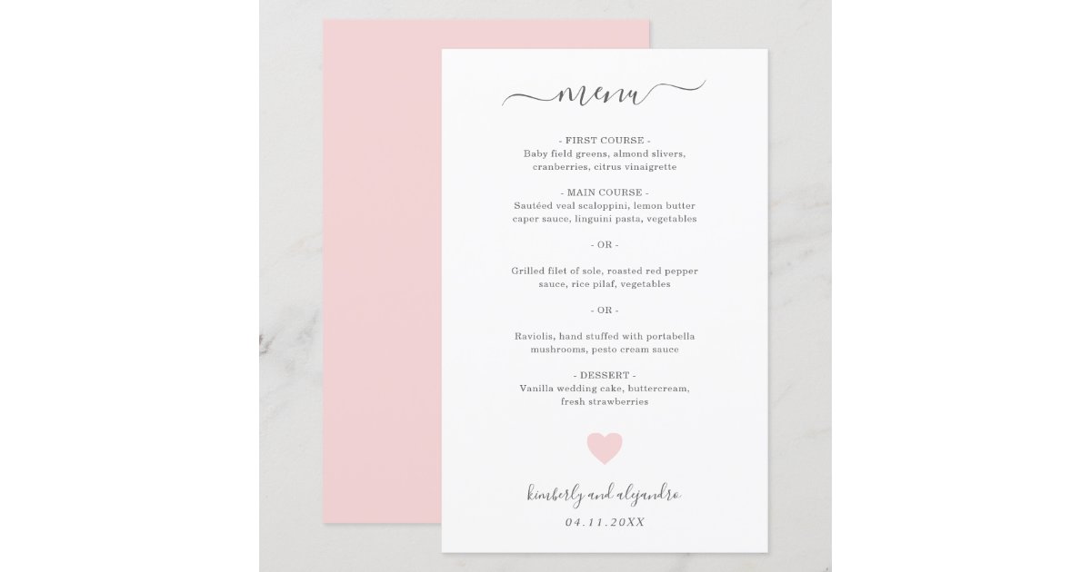Cute Pink Heart Simple Wedding Menu | Zazzle