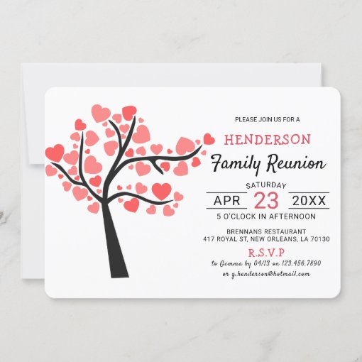 Cute Pink Heart Tree | Family Reunion Invitation | Zazzle