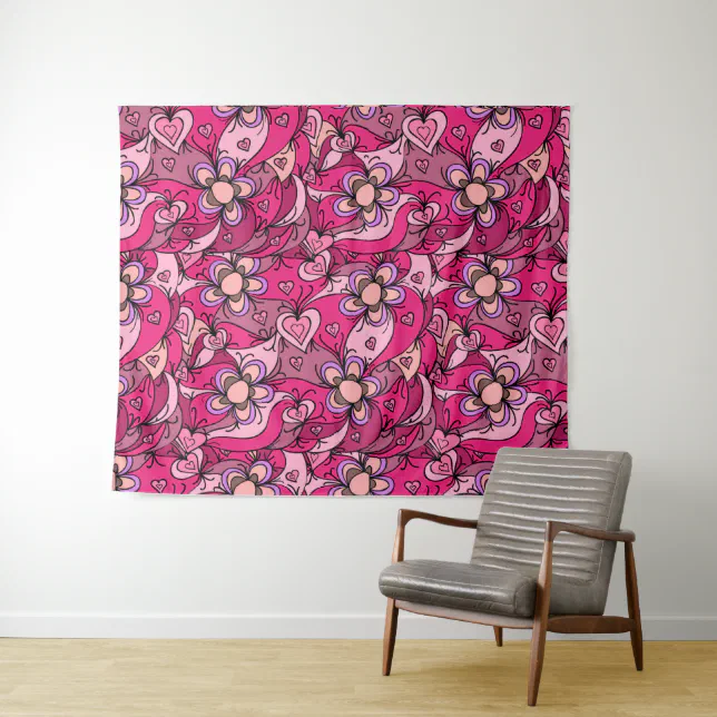 Cute pink hearts and flowers pattern tapestry | Zazzle