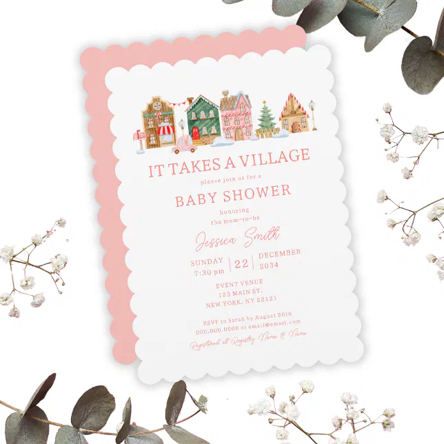 Cute Pink It Takes A Village Christmas Baby Shower Invitation | Zazzle