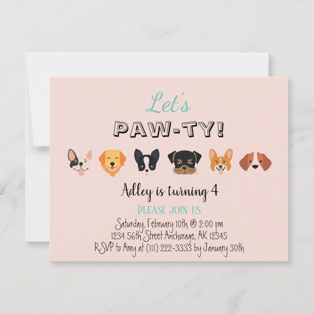Cute Pink Let's Pawty Girl Puppy Birthday Party Invitation | Zazzle