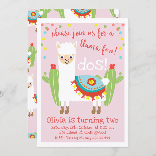 Cute Pink Llama Cactus Birthday Invitation | Zazzle