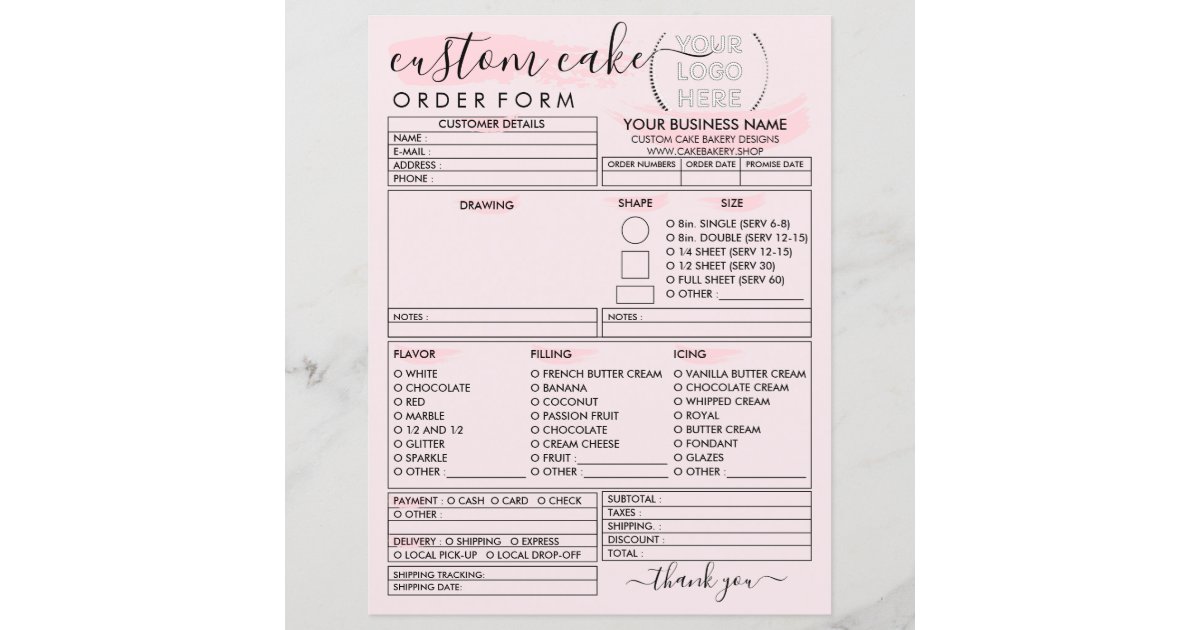 Cute Pink Logo Custom Best Bakery Cake Order Form | Zazzle