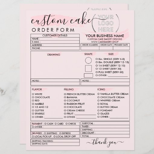 Cute Pink Logo Custom Best Bakery Cake Order Form | Zazzle