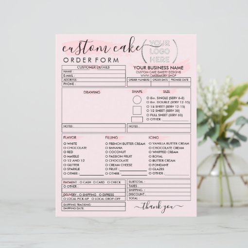Cute Pink Logo Custom Best Bakery Cake Order Form | Zazzle
