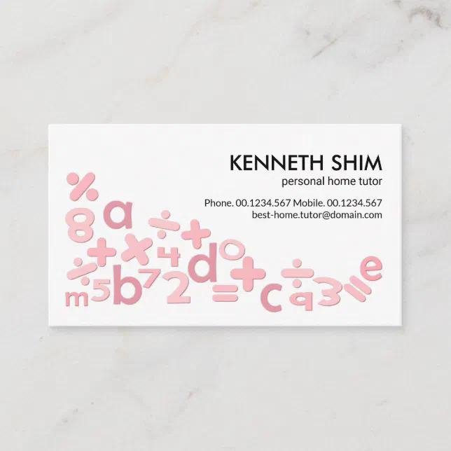 Cute Pink Math Symbols Alphabets Home Tutor Business Card | Zazzle