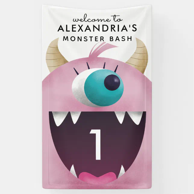 Cute Pink Monster Birthday Party Any Age Banner | Zazzle