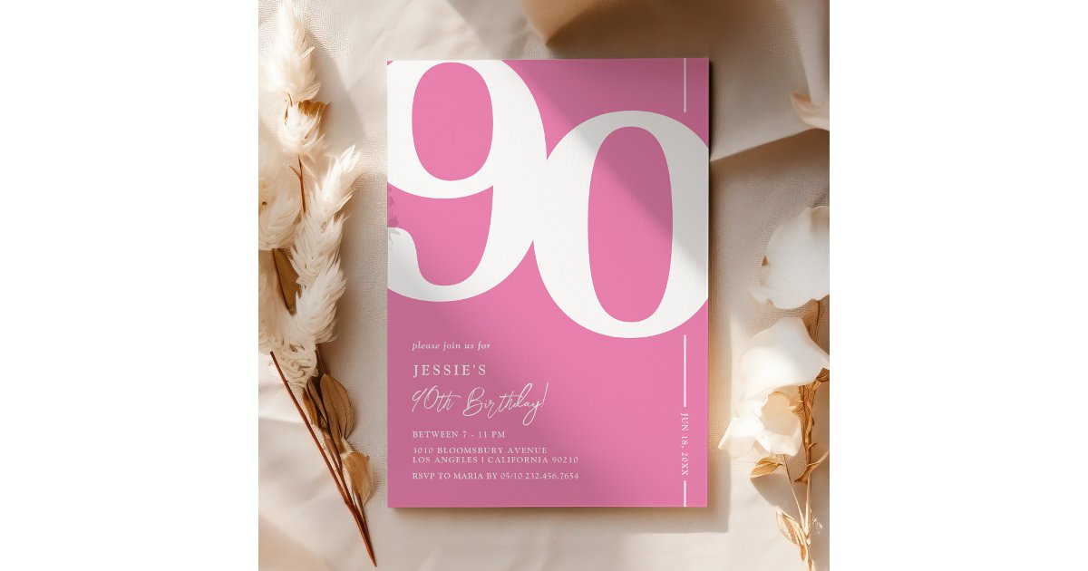 Cute Pink Ninety 90th Birthday Party Invitation | Zazzle