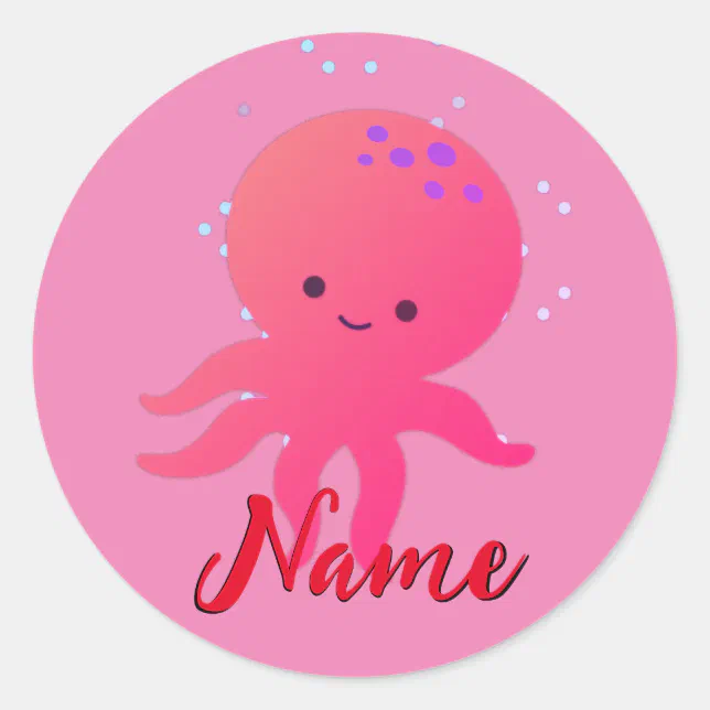 Cute Pink Octopus Cartoon Add Name Classic Round Sticker | Zazzle