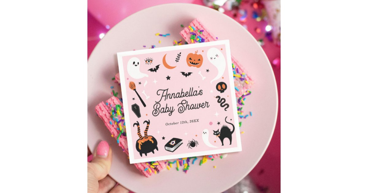 Cute Pink Orange Halloween Baby Shower Napkins | Zazzle