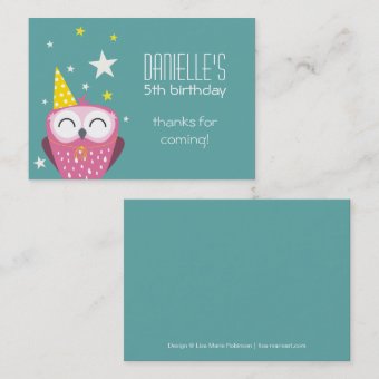 Cute Pink Owl Birthday Thank You Party Favors Business Card | Zazzle
