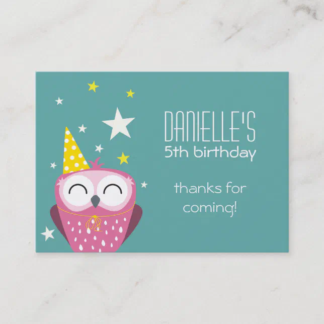 Cute Pink Owl Birthday Thank You Party Favors Business Card | Zazzle