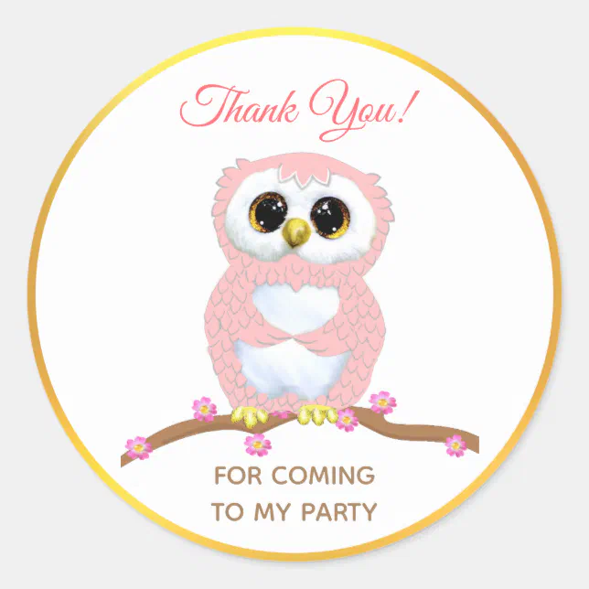Cute pink owl thank you classic round sticker | Zazzle
