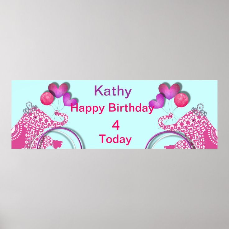 Cute Pink Party Elephant Kids Personalized Banner Poster | Zazzle