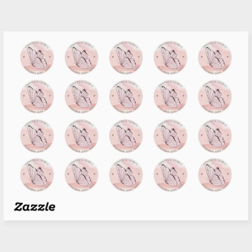 Cute Pink Peach Watercolor Butteryfly Wedding Classic Round Sticker ...