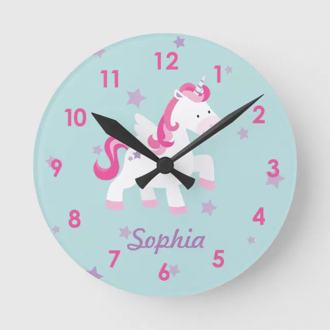 Cute Pink Personalized Magical Unicorn Wall Clock | Zazzle