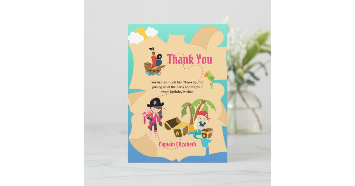 Cute Pink Pirate Girl Mermaid Treasure Map Custom Thank You Card | Zazzle