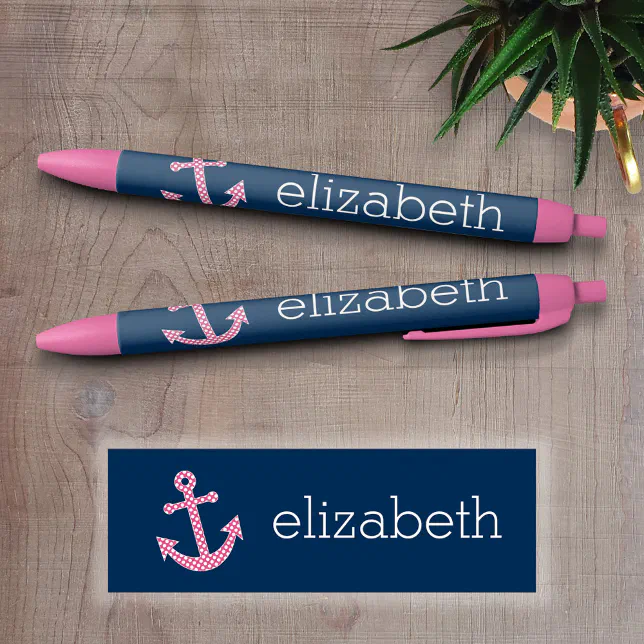 Cute Pink Polka Dot Anchor with Navy Custom Name Pen | Zazzle