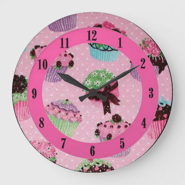 Cute Pink Polka Dot Cupcake Wall Clock. Large Clock | Zazzle