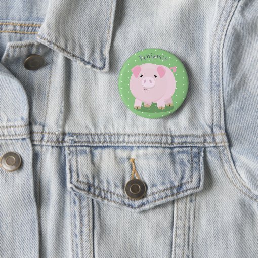 Cute pink pot bellied pig cartoon illustration button | Zazzle