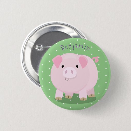 Cute pink pot bellied pig cartoon illustration button | Zazzle
